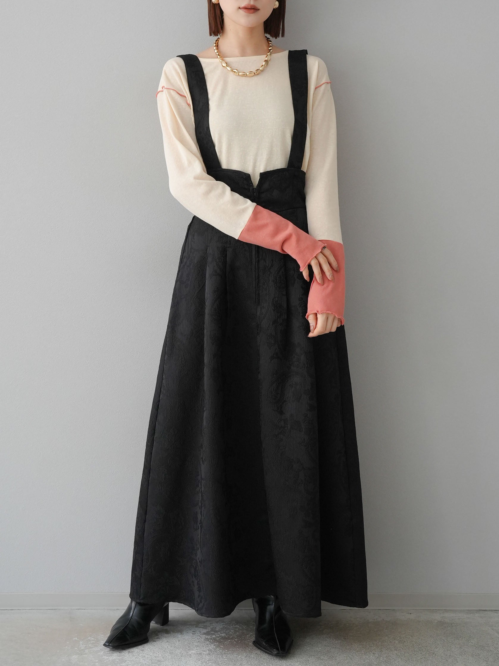 [SET]配色メローシアーカットソー+ペイズリージャガード2WAYフレアジャンパースカート(2set) – Lumier