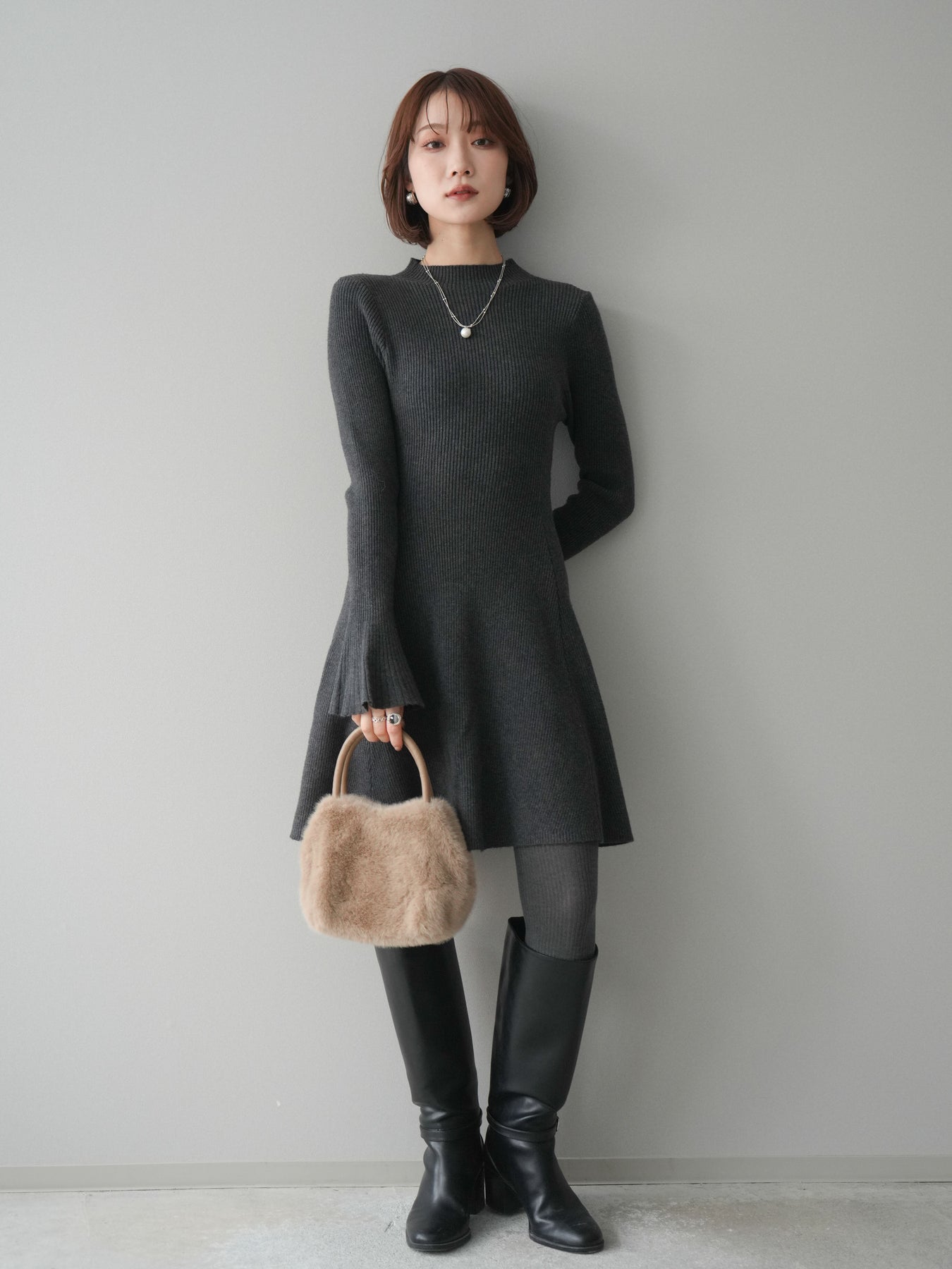 [予約]フレアリブニットミニワンピース/gray – Lumier