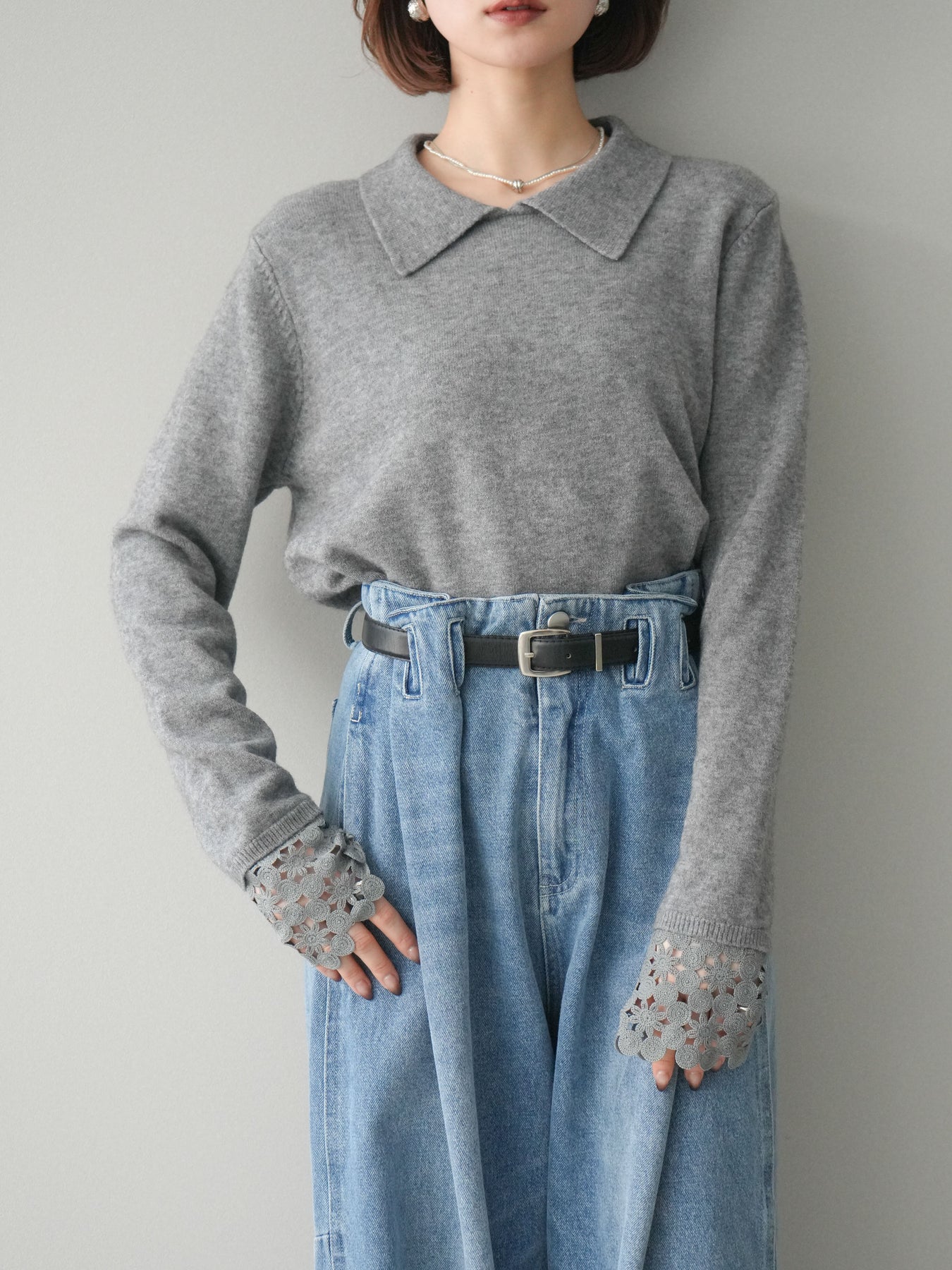 [予約]スカラップレース袖襟付きニットトップス/lightgray – Lumier