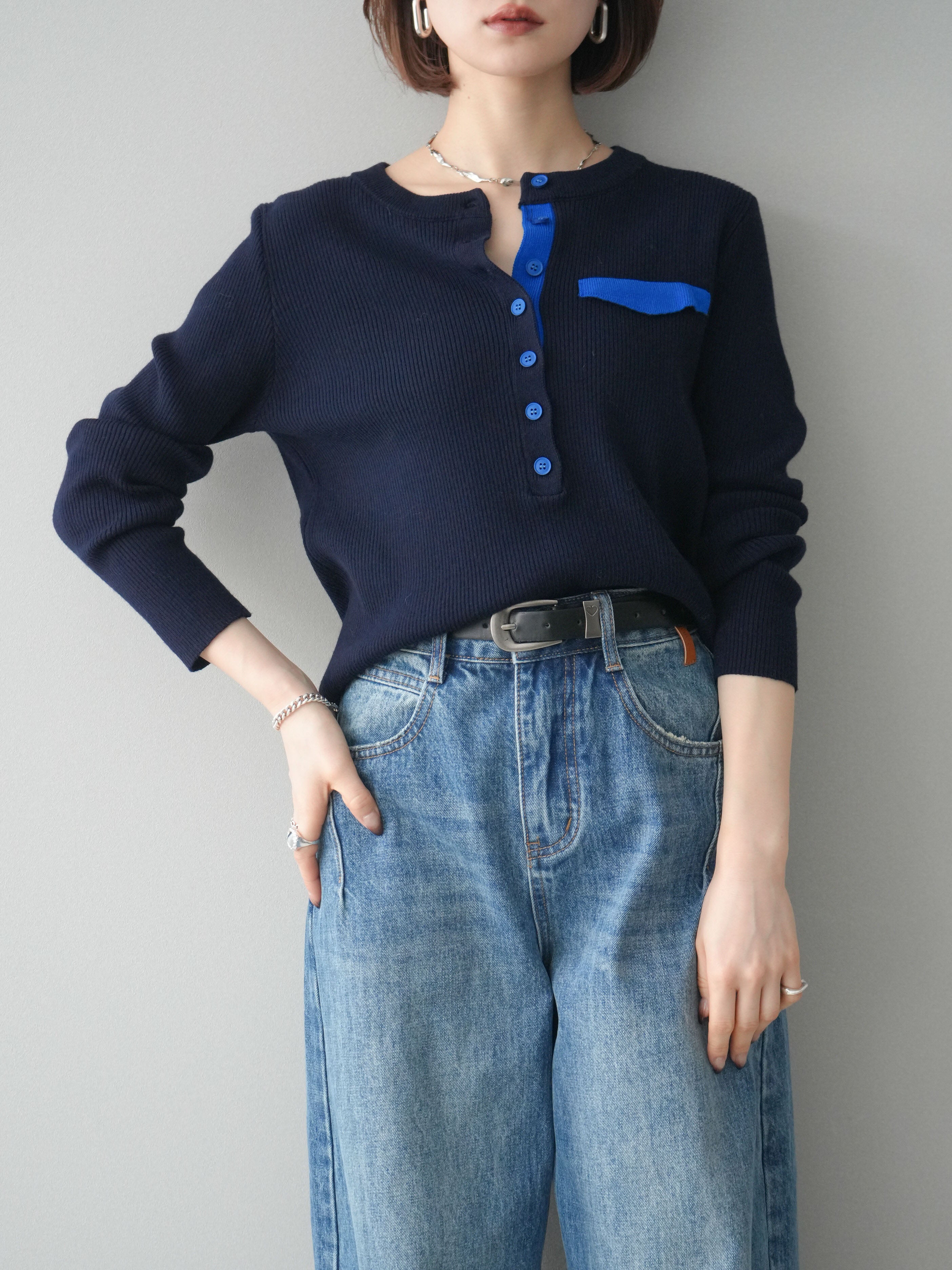 SET]バイカラーデザインポケット配色ヘンリーネックニットソー+ベルト