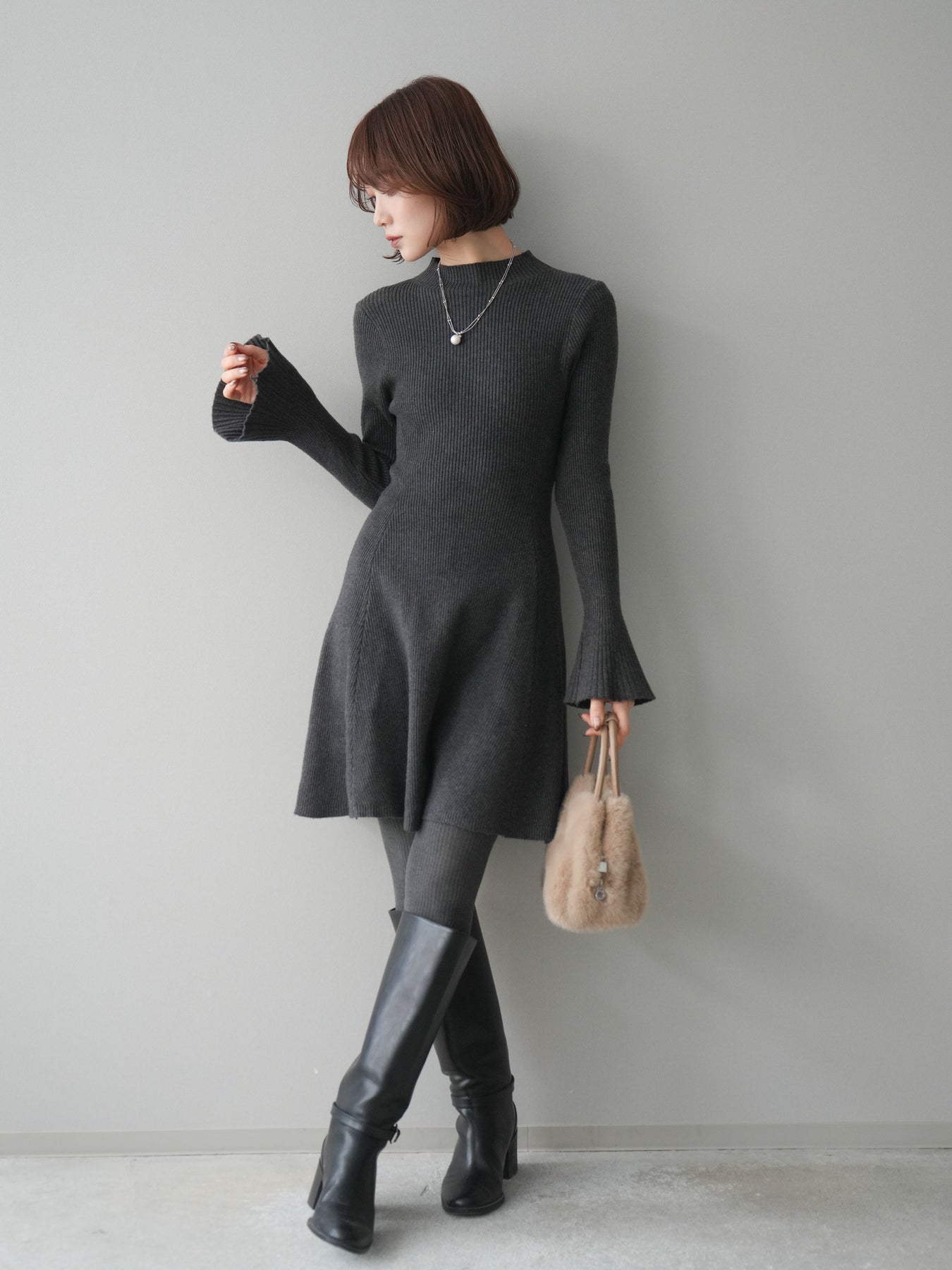 [予約]フレアリブニットミニワンピース/gray – Lumier