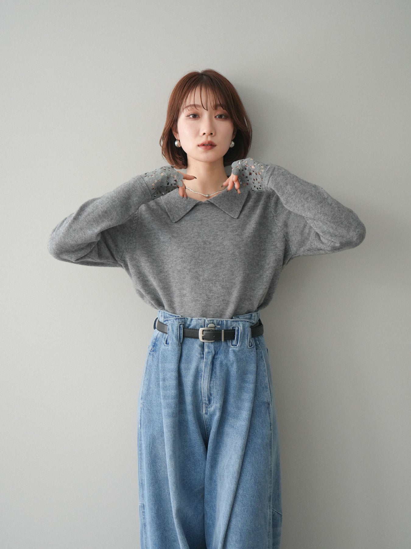 [予約]スカラップレース袖襟付きニットトップス/lightgray – Lumier