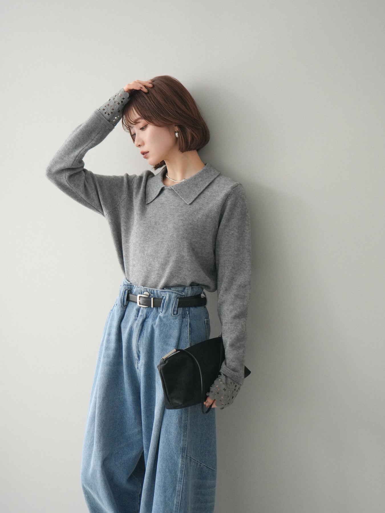 [予約]スカラップレース袖襟付きニットトップス/lightgray – Lumier