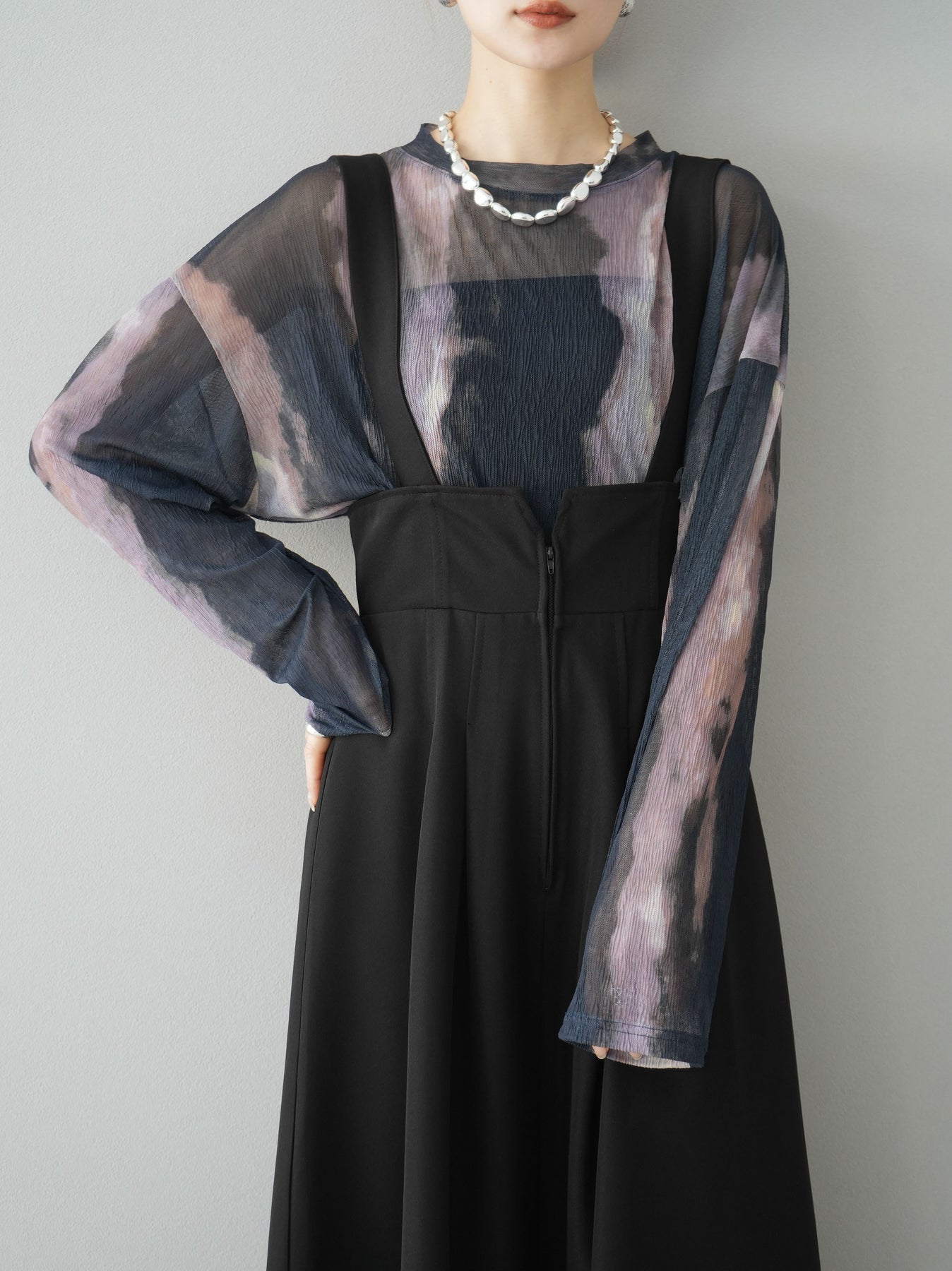 [SET]水彩柄シアーオーバートップス+2WAYフレアジャンパースカート(2set) – Lumier