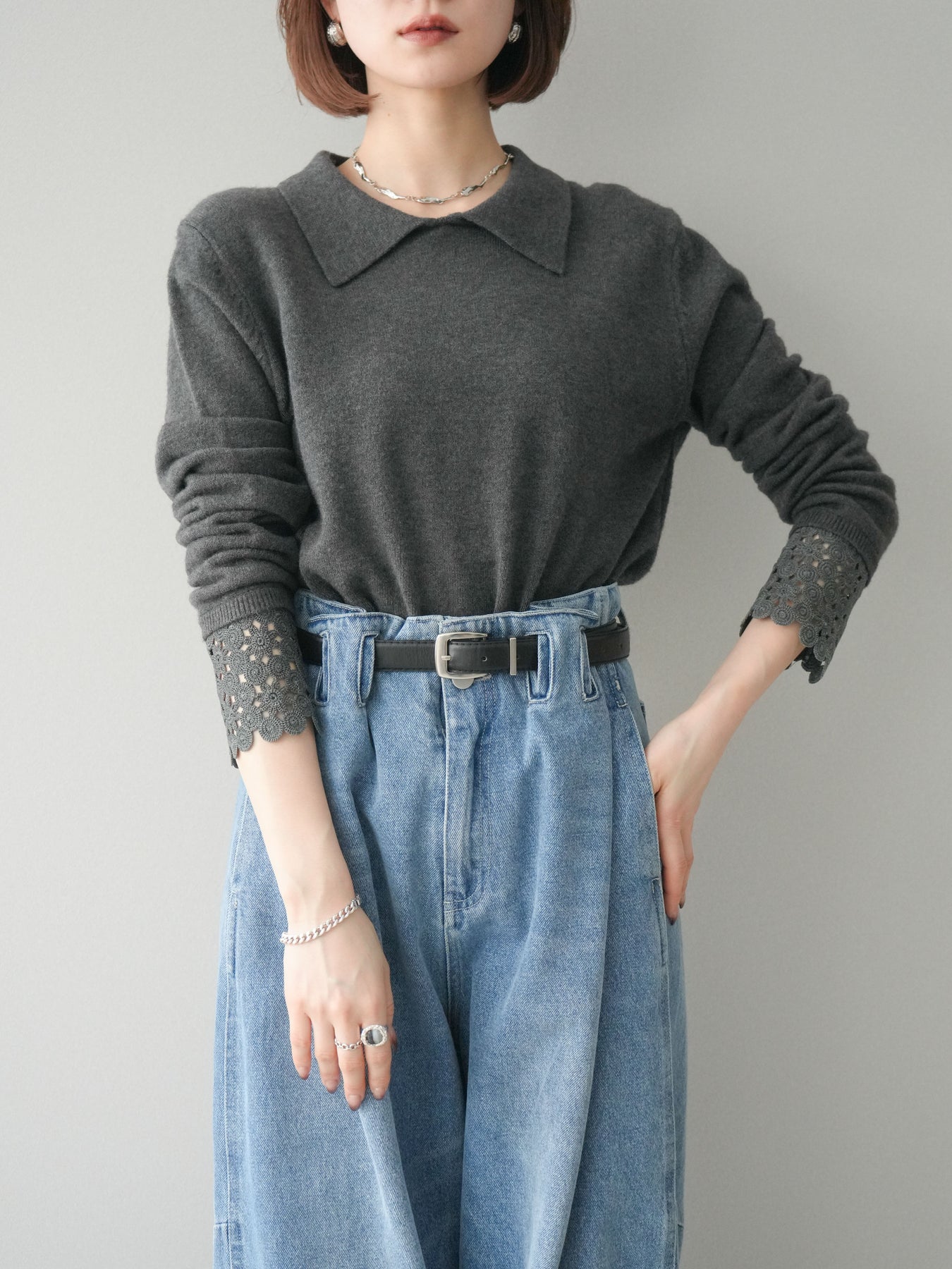 [予約]スカラップレース袖襟付きニットトップス/darkgray – Lumier