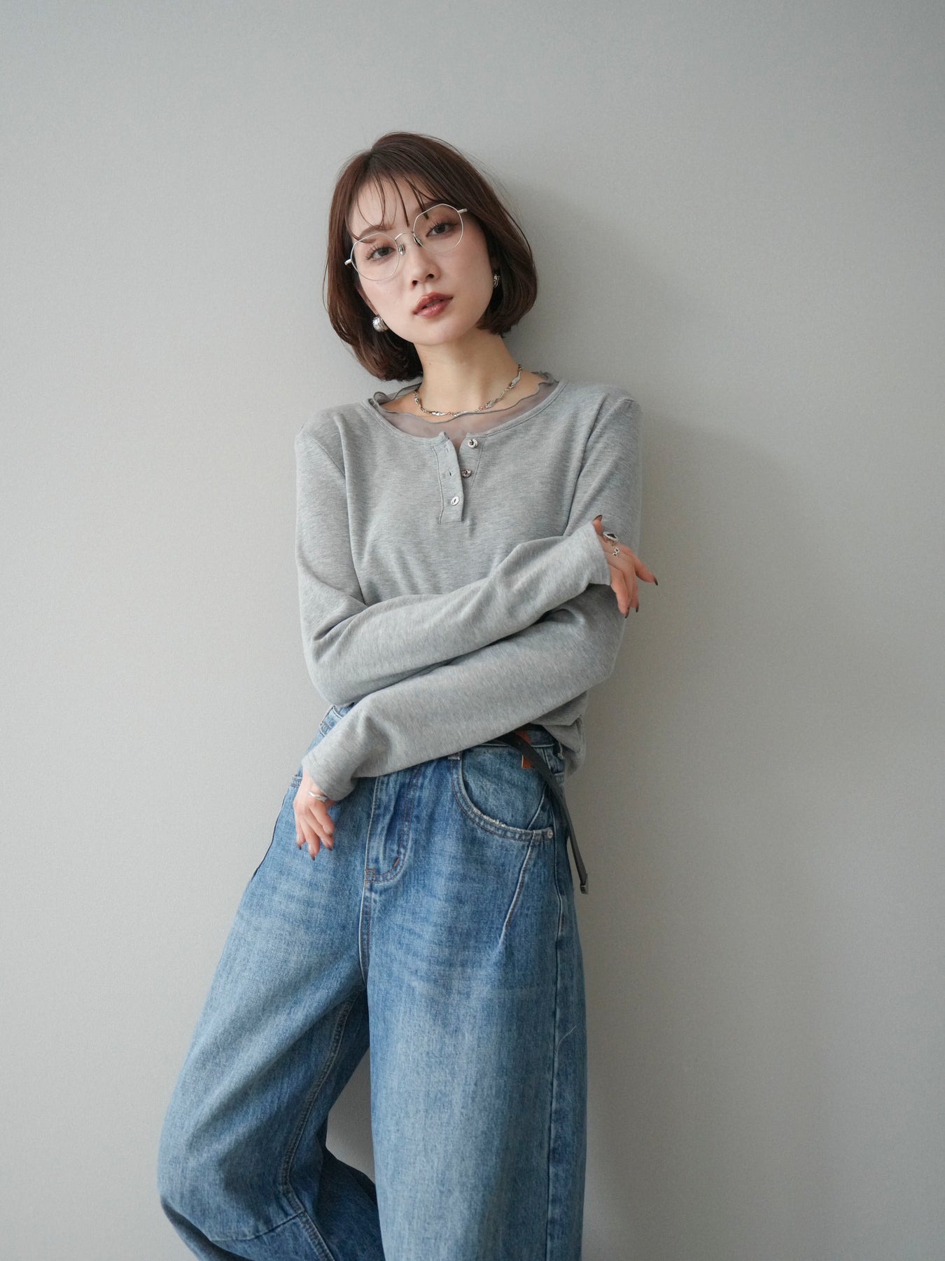 [予約]チュールレイヤードヘンリーネックカットソー/gray – Lumier