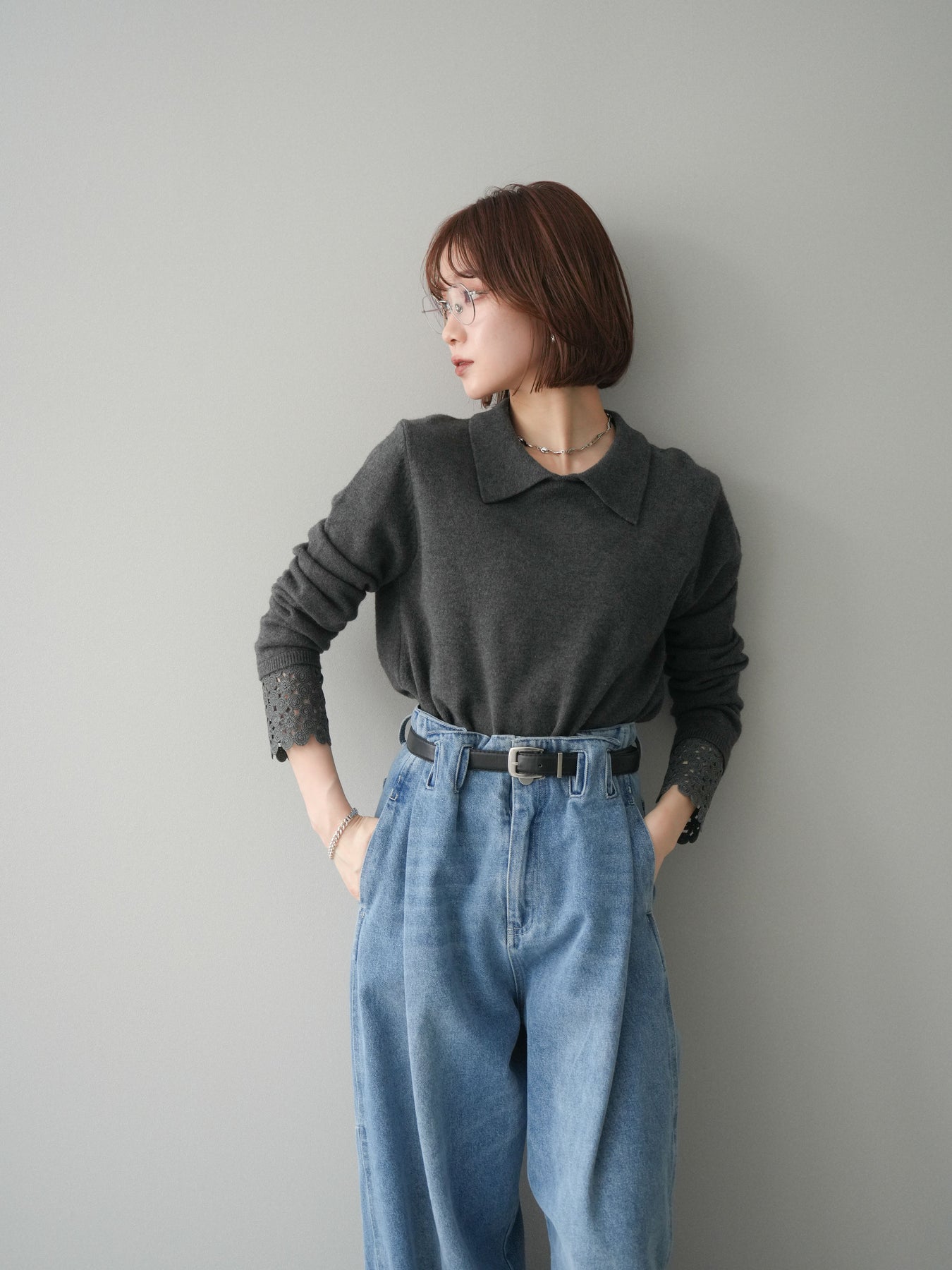 [予約]スカラップレース袖襟付きニットトップス/darkgray – Lumier