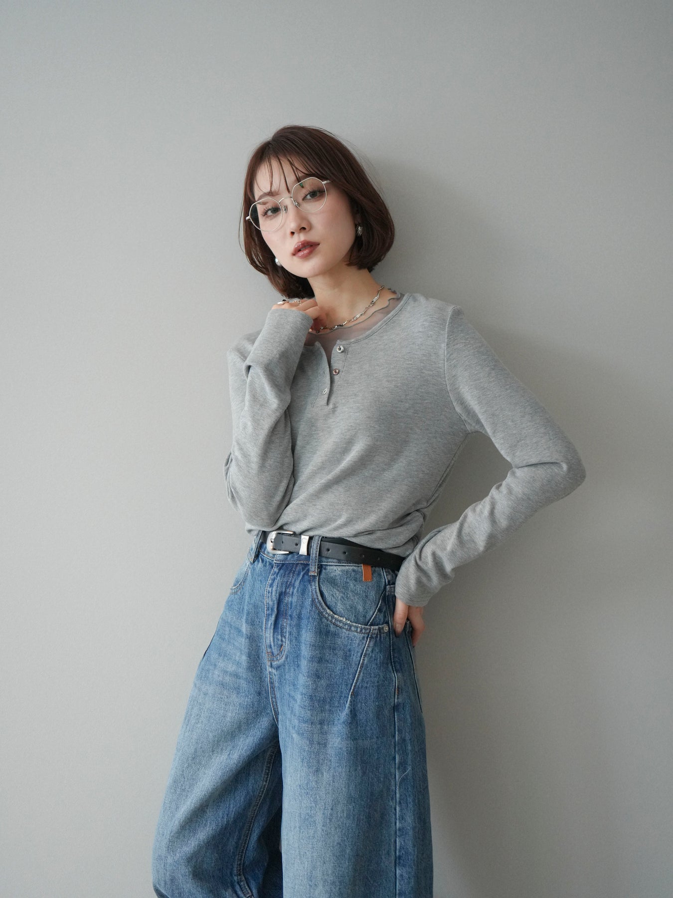 [予約]チュールレイヤードヘンリーネックカットソー/gray – Lumier