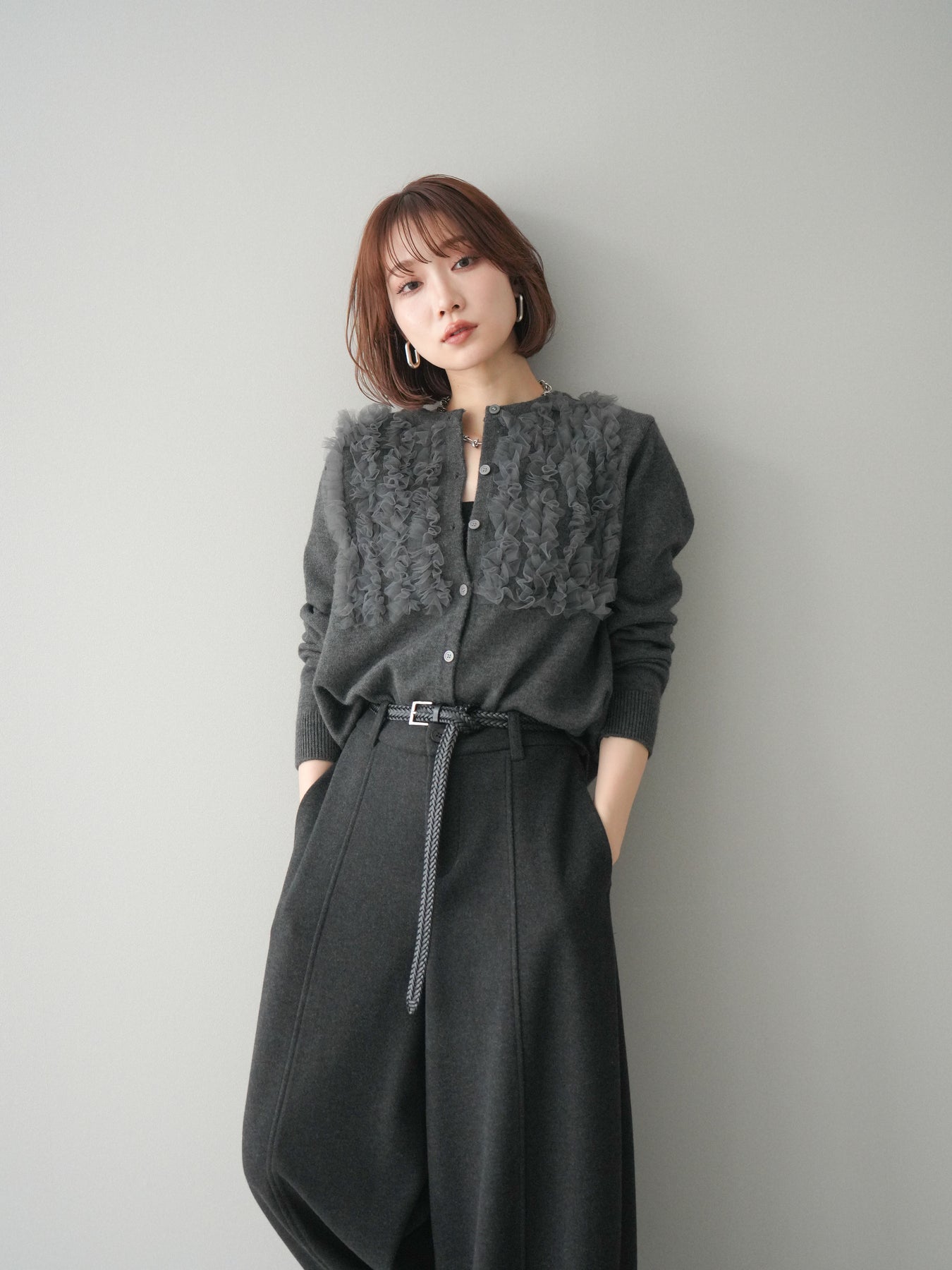 [予約]チュールフリルニットカーディガン/gray – Lumier