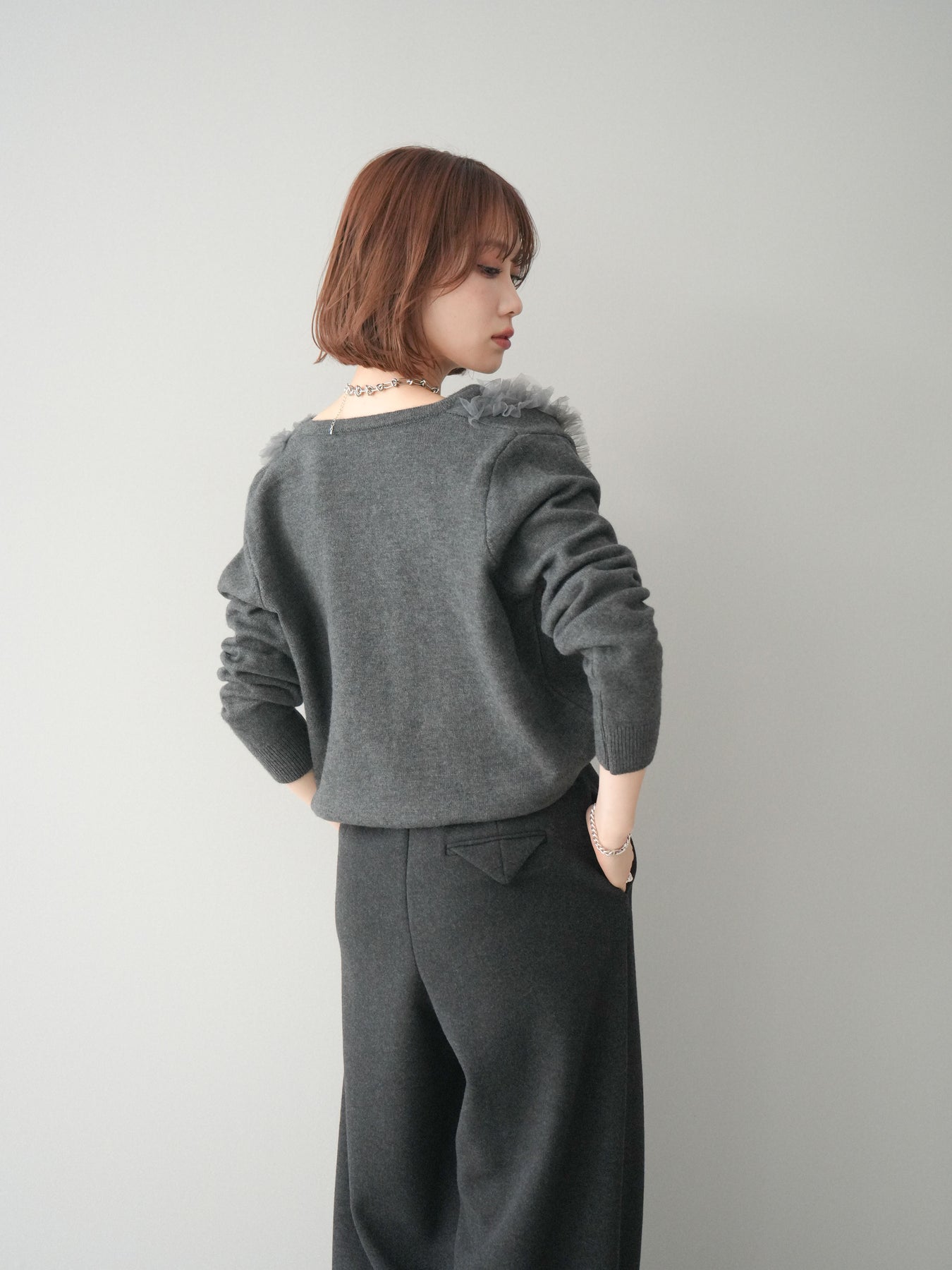 [予約]チュールフリルニットカーディガン/gray – Lumier