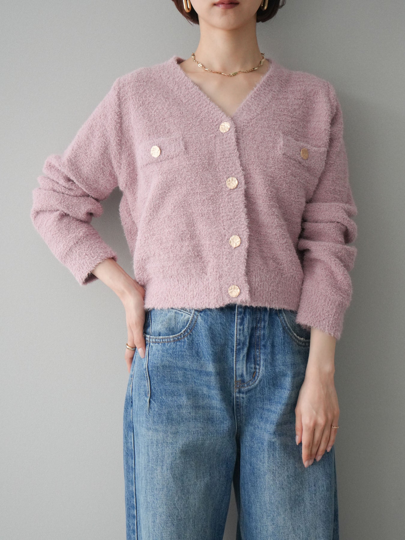 [予約]ゴールドボタンモールニットカーディガン/pink – Lumier