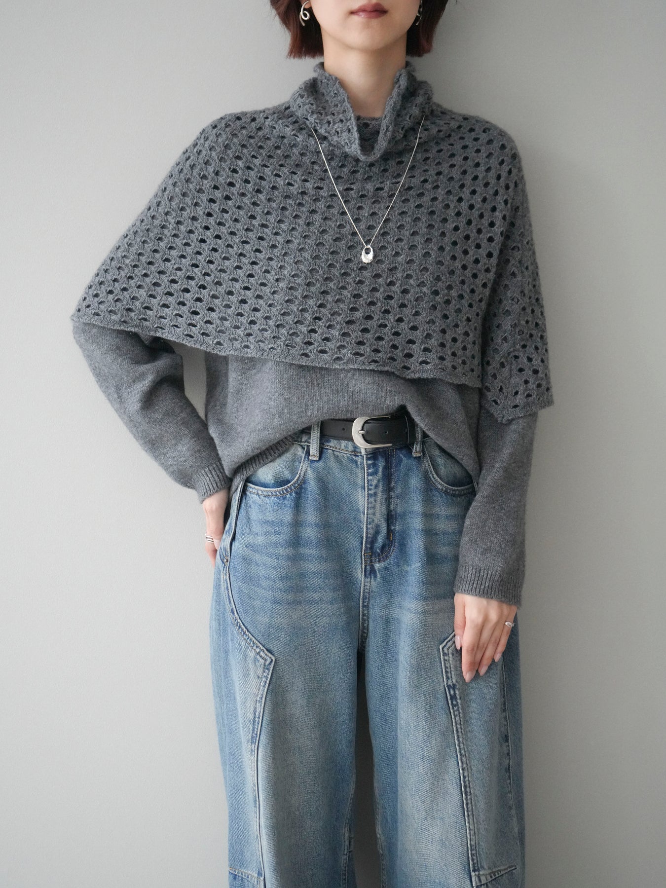 [SET]メッシュケープアンサンブルニットプルオーバー+ベルト付3Dカーブワイドデニムパンツ(2set) – Lumier