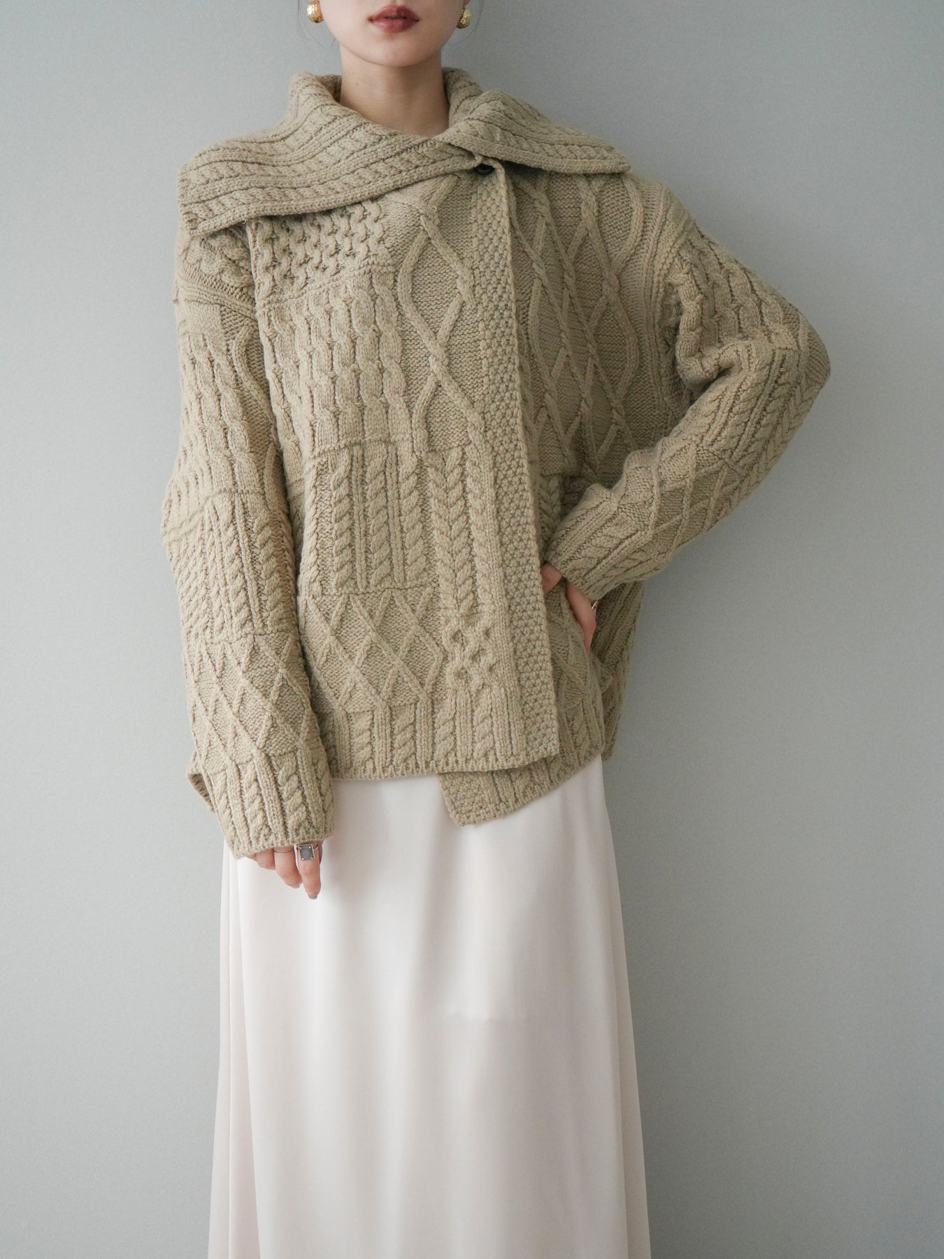 [予約]ケーブル編みデザインニットカーディガン/beige – Lumier